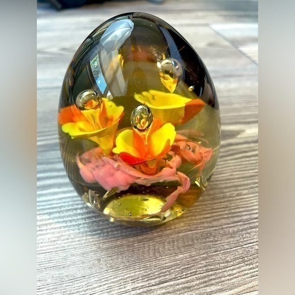 Art | Vintage Paperweight Floral Glass Paperweight With Swirls Orange ...